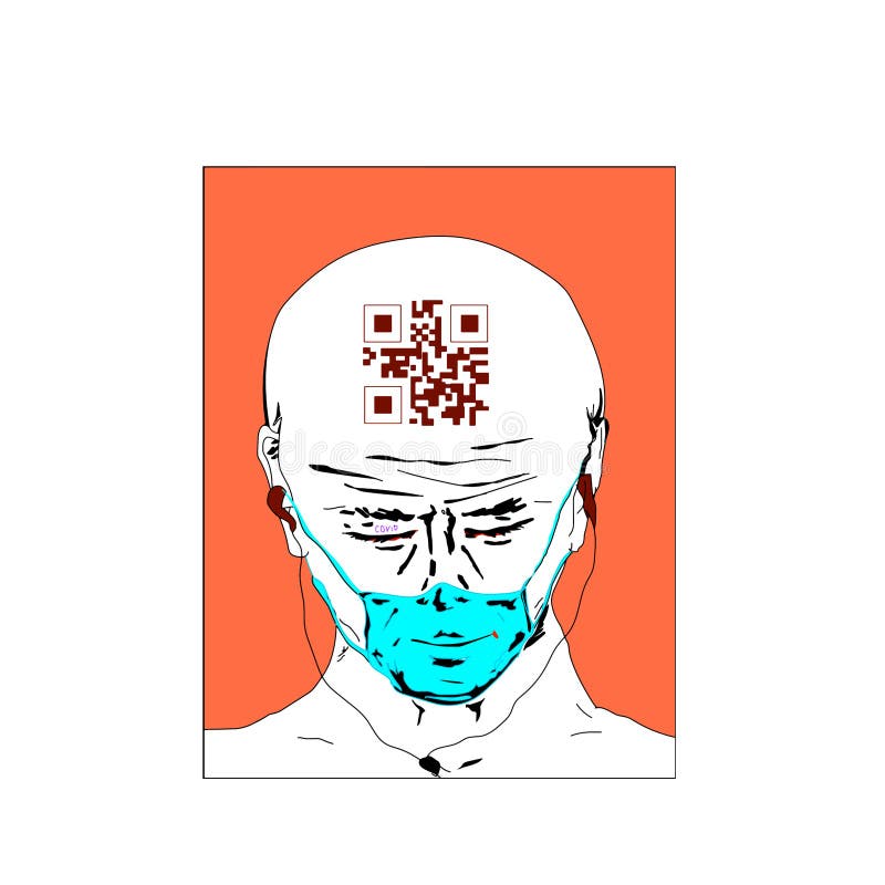 Masked Girl with a Qr Code on Her Face, Control Over a Man Stock Vector ...