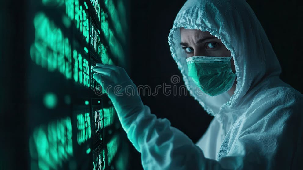 Masked Hacker Examining Digital Code on Screen in Dark Server Room ...