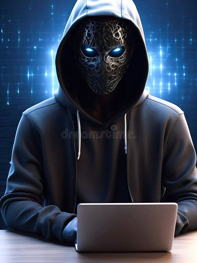 Masked Hacker Scammer with a Hood and a Technological Background Stock ...