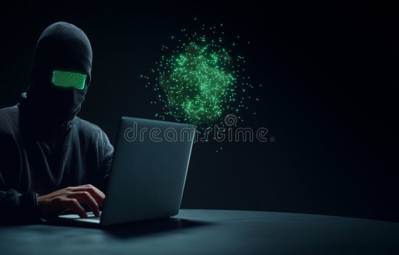 Masked Hacker Using Laptop with Digital Face Projection Stock Photo ...