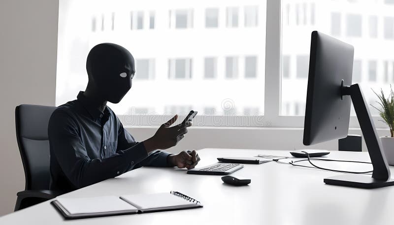 Masked Hacker at Work stock illustration. Illustration of monochrome ...