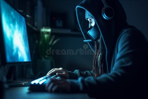 Masked Hacker Working On Computer Conceptual Illustration Generative