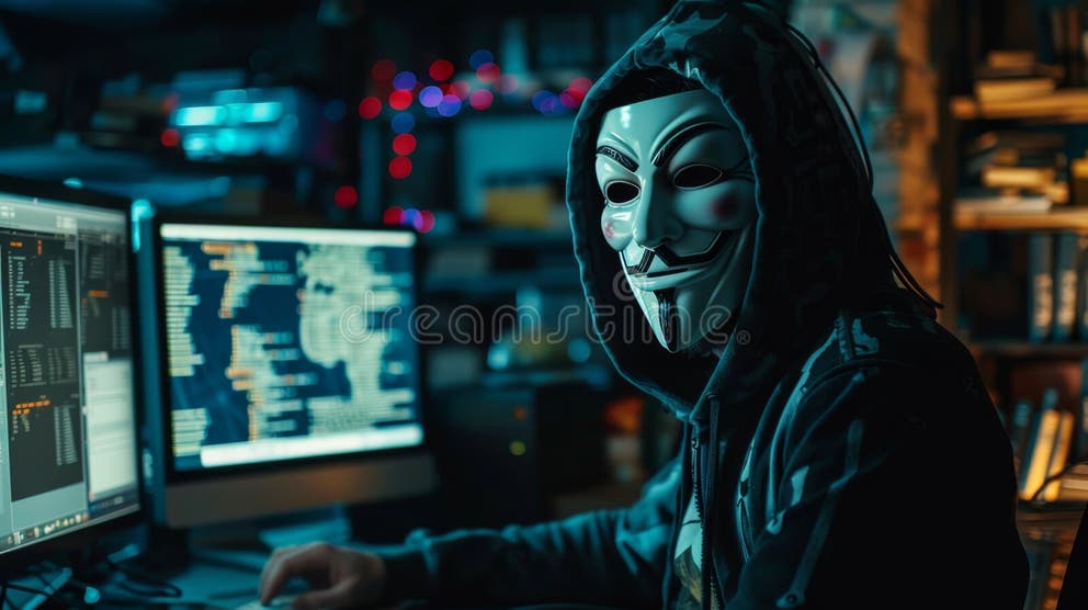 Masked Individual Engaging in Cyber Activities in a Dimly Lit Room with Multiple Computers ...