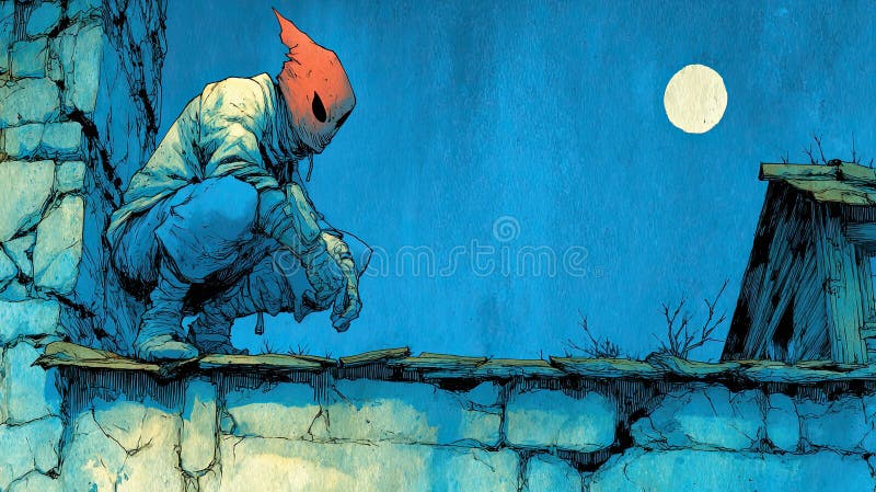 Masked Ninja Crouching on Stone Wall Under Full Moon, Mysterious and ...