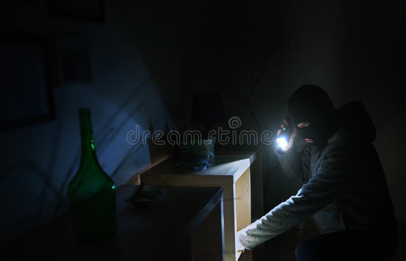 Masked Robber with Flashlight Torch Stock Photo - Image of felon ...