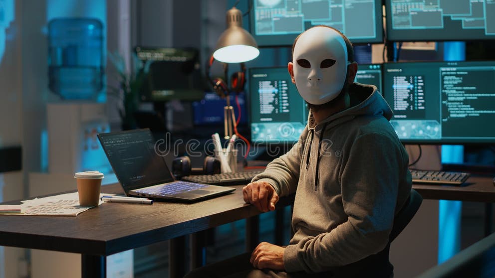 Masked Scammer Hacking Computer Network Late at Night Stock Image ...