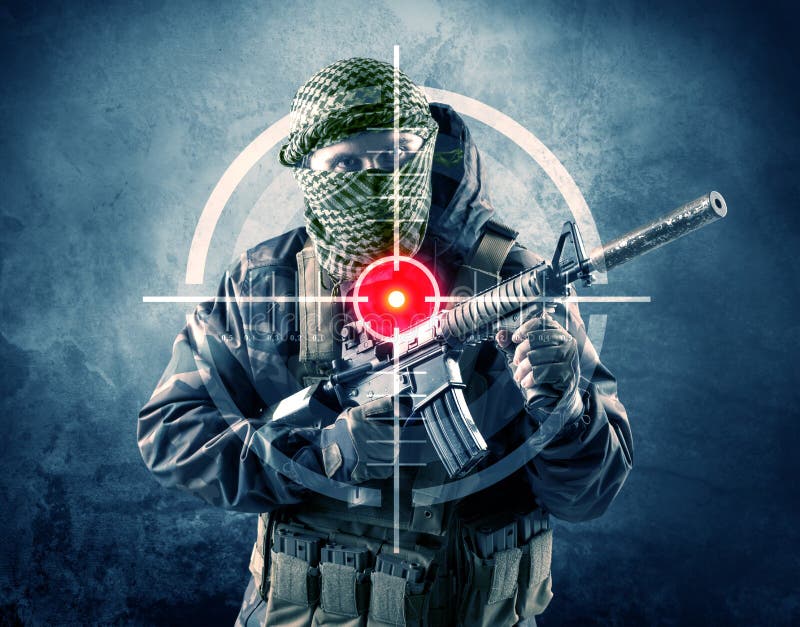 Masked Terrorist Man with Gun and Laser Target on His Body Stock Photo ...