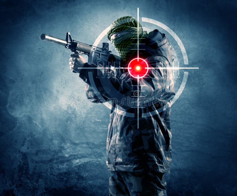 Masked Terrorist Man with Gun and Laser Target on His Body Stock Image ...