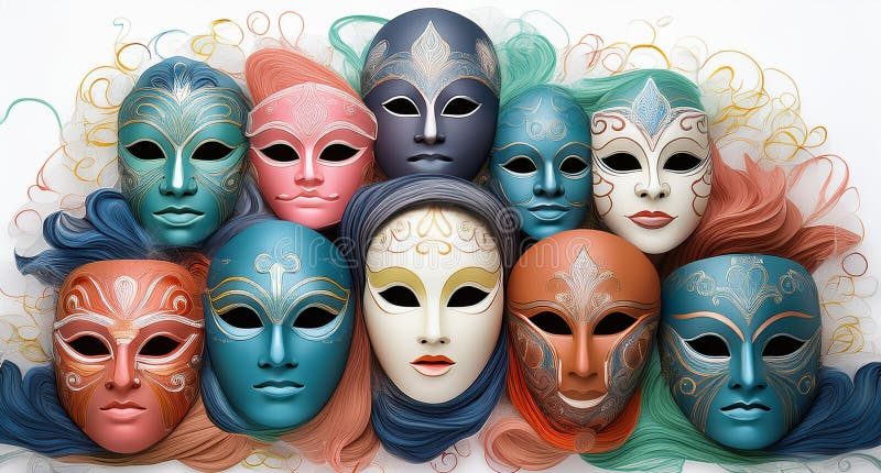Masks with Different Emotions, Isolated on White. Stock Illustration ...