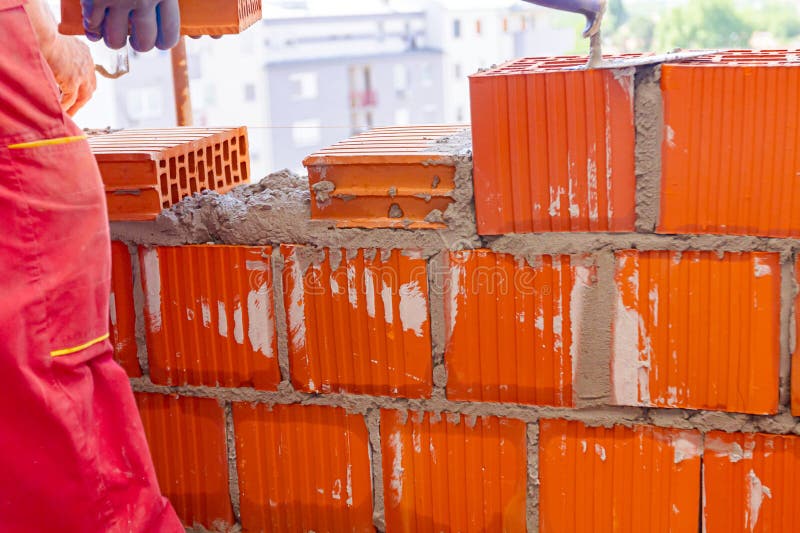 Wall Built of Red Bricks and Mortar with Tight Rope for Construction ...