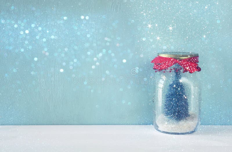 Mason Jar with Christmas Tree. Glitter Shimmer Overlay Stock Image ...