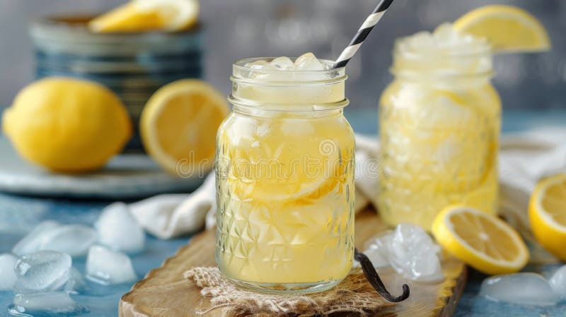 Mason Jar Filled with Lemonade on Table Stock Photo - Image of ...