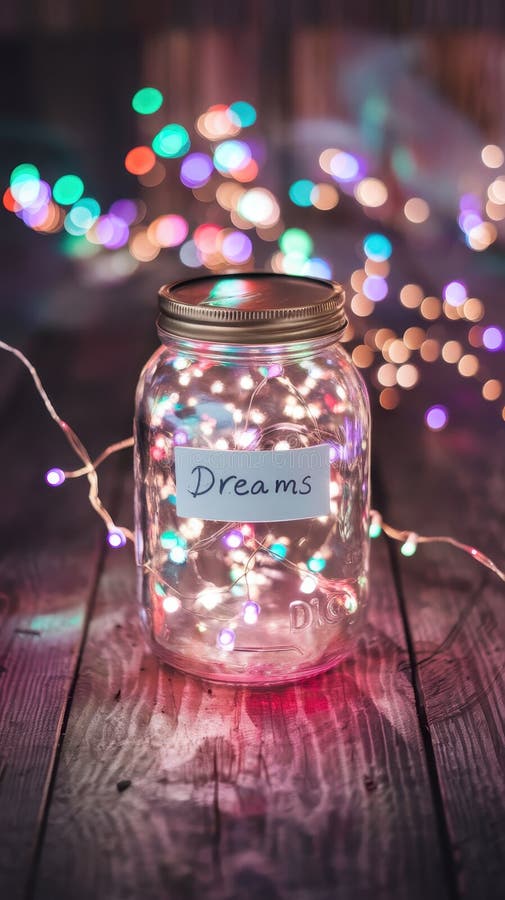 Mason Jar with ?DREAMS? Label and Soft LED Glow, Placed on Wooden ...
