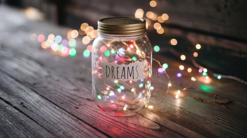 Mason Jar with ?dreams? in Lights, Handwritten Note, Festive Ambiance ...