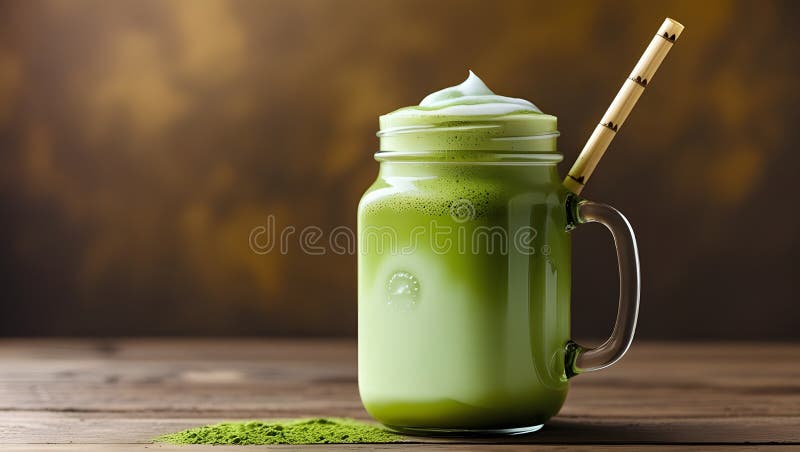 A Mason Jar Filled with Iced Matcha Green Tea and a Bamboo Straw Stock ...