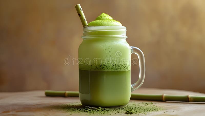 A Mason Jar Filled with Iced Matcha Green Tea and a Bamboo Straw Stock ...
