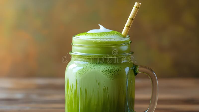 A Mason Jar Filled with Iced Matcha Green Tea and a Bamboo Straw Stock ...