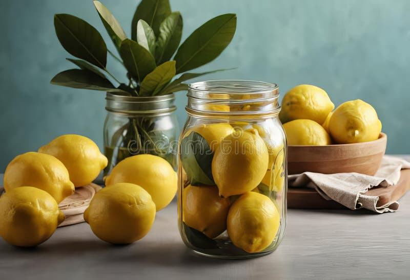 A Mason Jar Filled with Lemons on a Wooden Table Stock Illustration ...