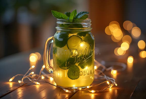 Mason Jar Mojito with String Lights Stock Illustration - Illustration ...