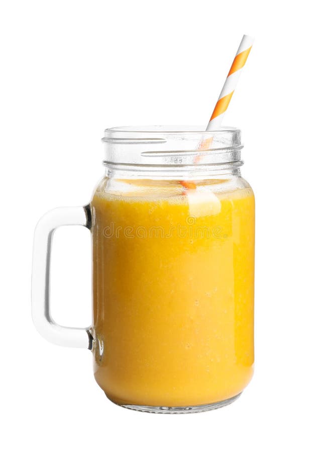 Mason Jar of Tasty Mango Smoothie on White Background Stock Image ...