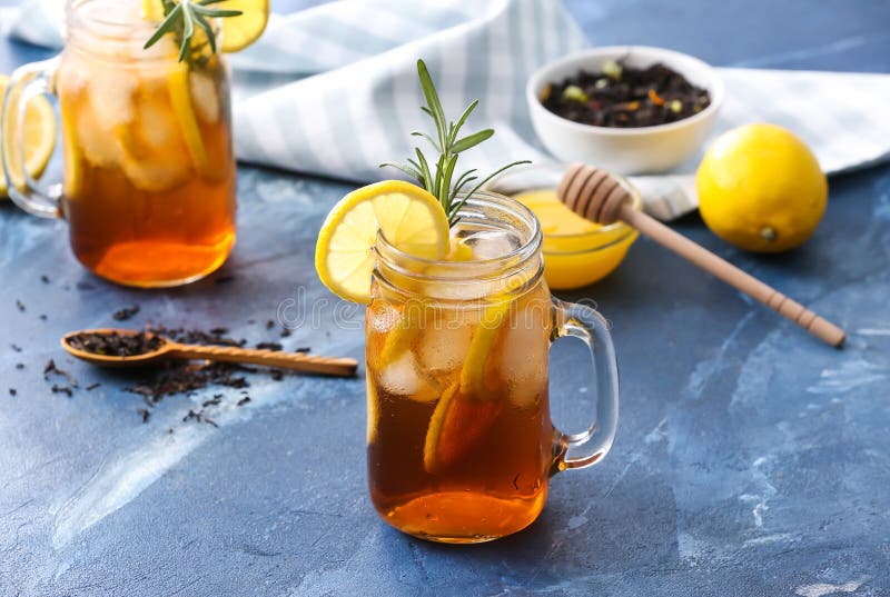 Mason Jars Cold Black Tea Lemon Color Background Stock Photos - Free ...