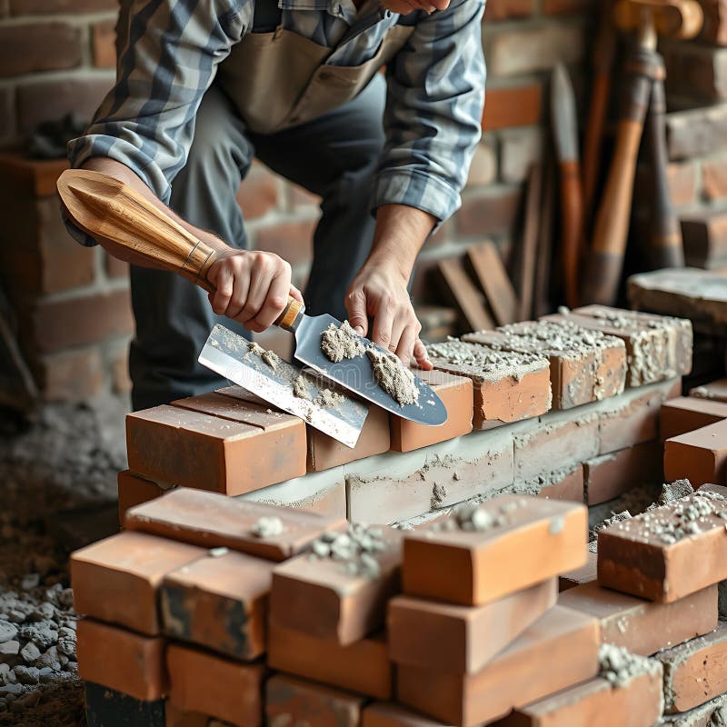 A Mason Laying Bricks and Applying Mortar with a Large Trowel with a ...