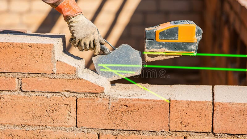 Mason Uses Laser Level Laying Bricks, Construction Site Stock Photo ...