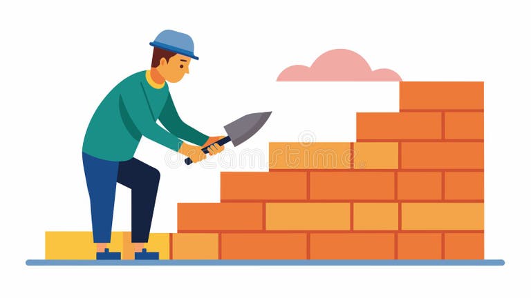 A Mason Using a Trowel To Spread Mortar on a Row of Bricks Creating a ...