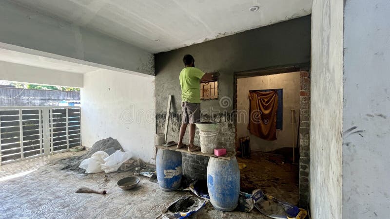 Mason Worker Applying Wet Cement Plaster Onto Brick Wall Stock Photo ...