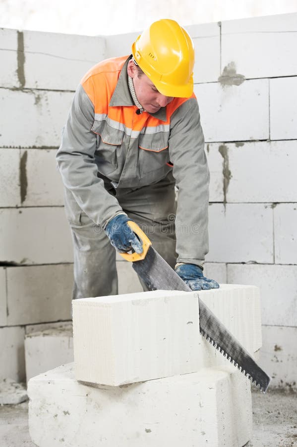 Mason Worker Bricklayer with Hand Saw Stock Photo - Image of protective ...