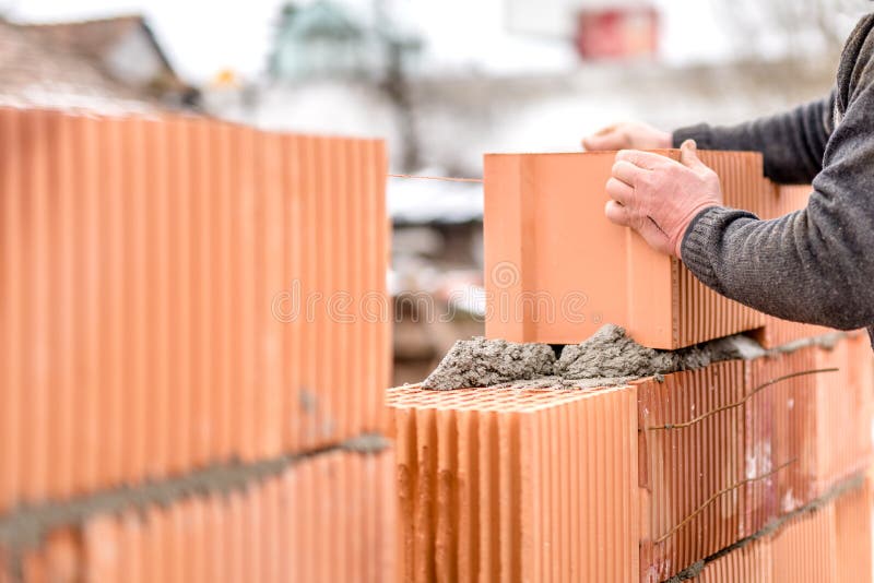 Mason Worker Bricklayer Installing Brick Walls Stock Image - Image of ...