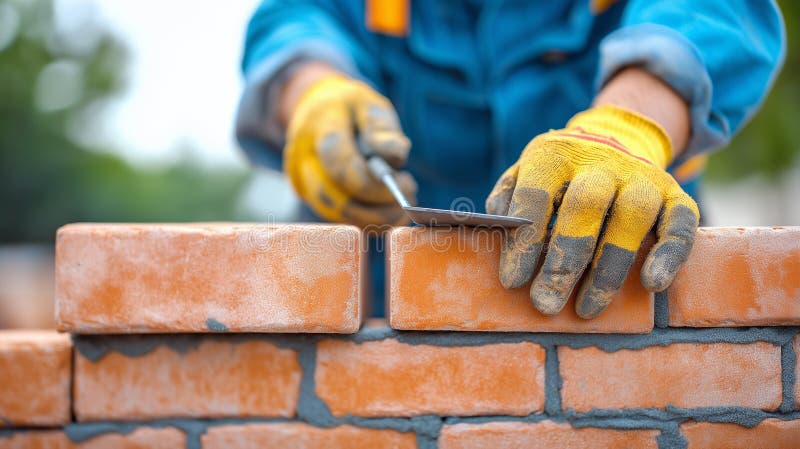 Mason Worker is Constructing Red Brick Wall with Precision Using Trowel ...