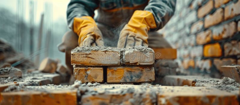 Mason Worker Laying Bricks at Construction Site Stock Image - Image of ...