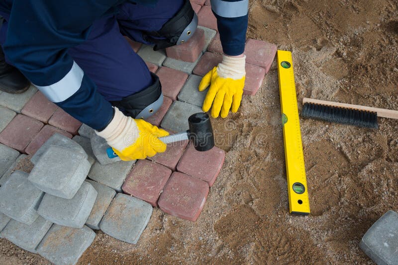 Mason Worker Making Sidewalk Pavement Stock Image - Image of industry ...