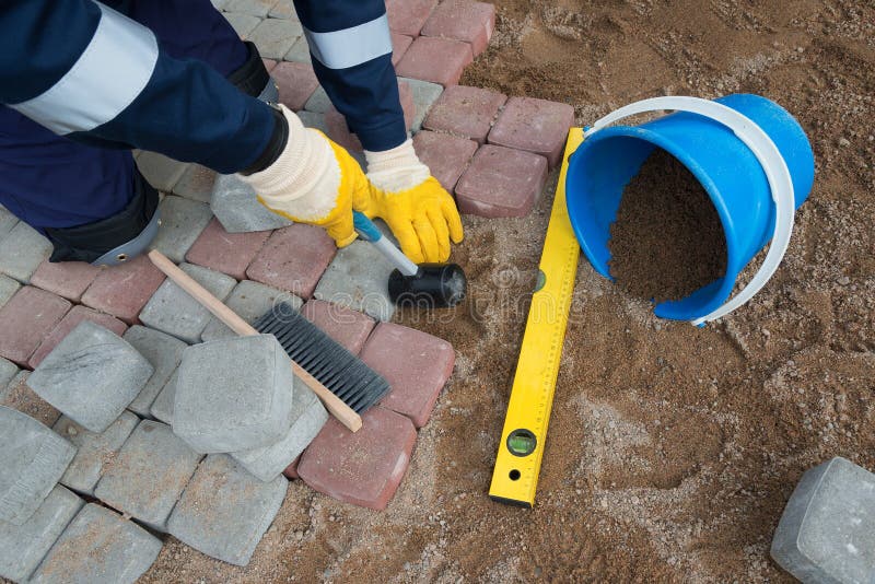 Mason Worker Making Sidewalk Pavement Stock Photo - Image of plasterer ...