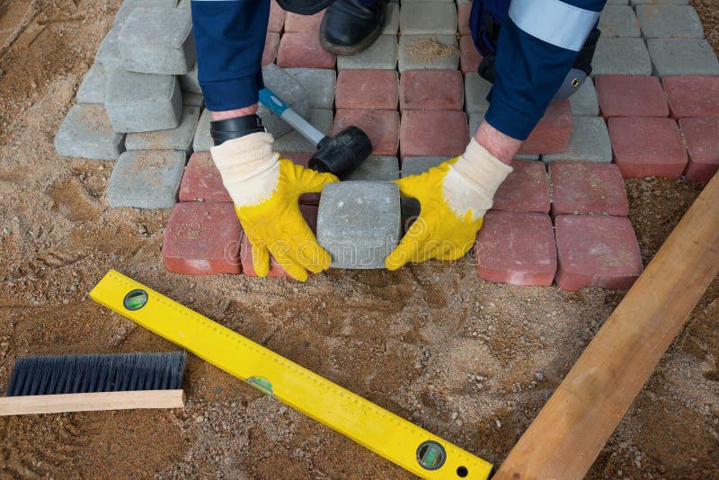 Mason Worker Making Sidewalk Pavement Stock Image - Image of hand ...