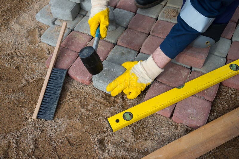 Mason Worker Making Sidewalk Pavement Stock Photo - Image of pavement ...
