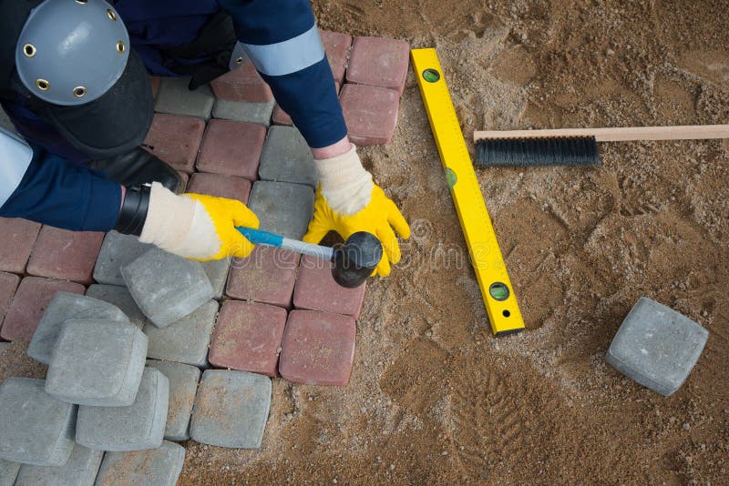 Mason Worker Making Sidewalk Pavement Stock Image - Image of laborer ...