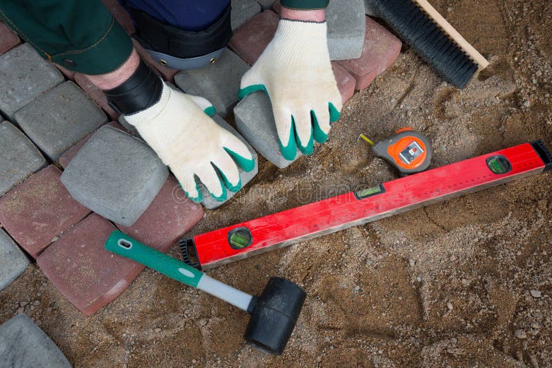 Mason Worker Making Sidewalk Pavement Stock Photo - Image of plasterer ...