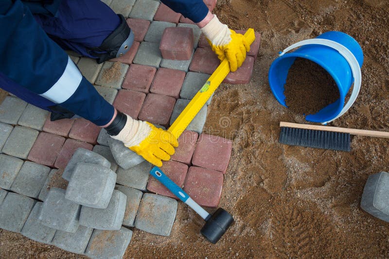 Mason Worker Making Sidewalk Pavement Stock Image - Image of cement ...