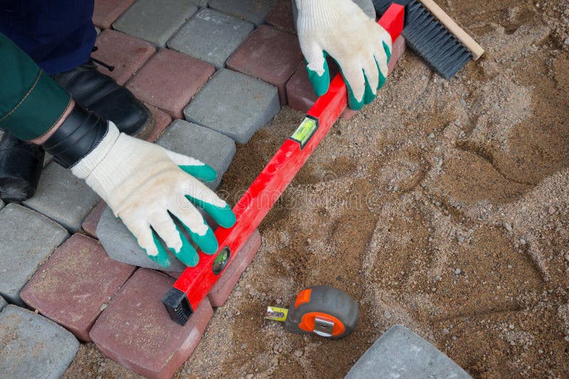Mason Worker Making Sidewalk Pavement Stock Photo - Image of hand ...