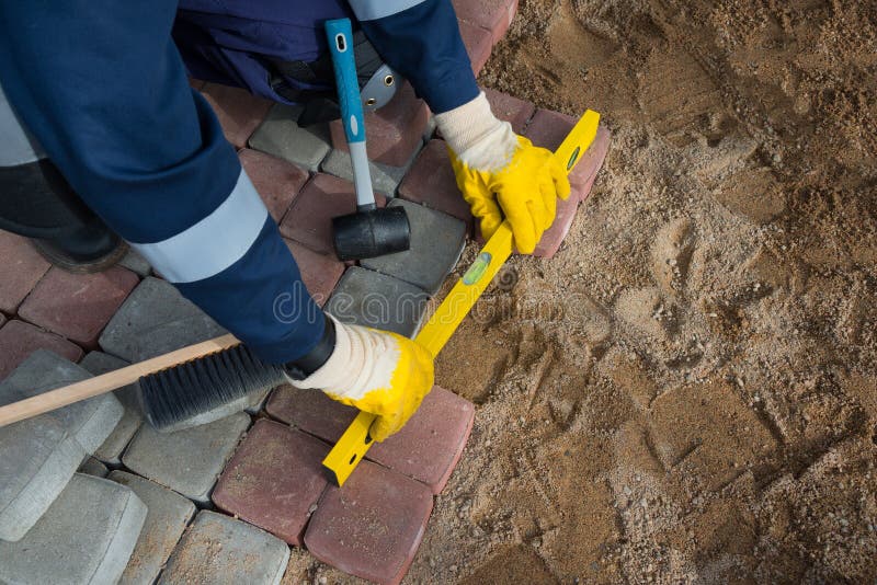 Mason Worker Making Sidewalk Pavement Stock Photo - Image of outdoors ...