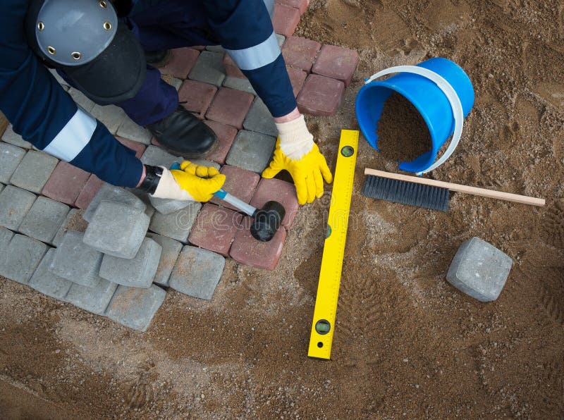 Mason Worker Making Sidewalk Pavement Stock Photo - Image of building ...