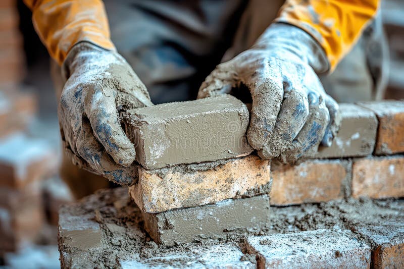 Mason Working on Brick Wall Construction Project Stock Image - Image of ...