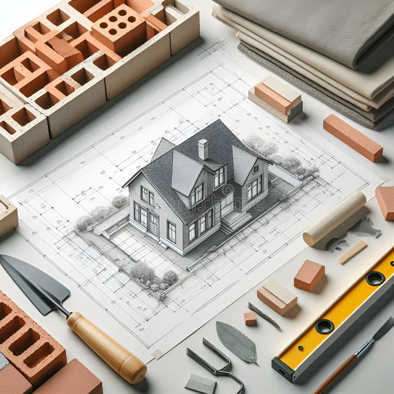 Masonry House Plan with Building Materials Stock Illustration ...