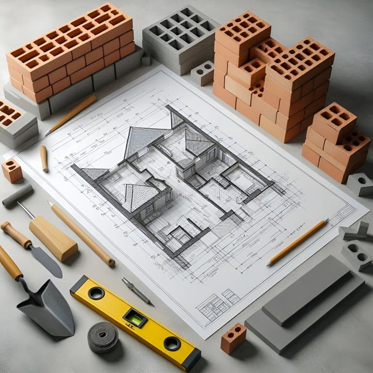 Masonry House Plan with Building Materials Stock Illustration ...