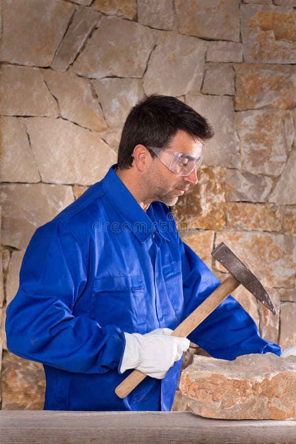 Masonry Mason Stonecutter Man with Hammer Working Stock Photo - Image ...