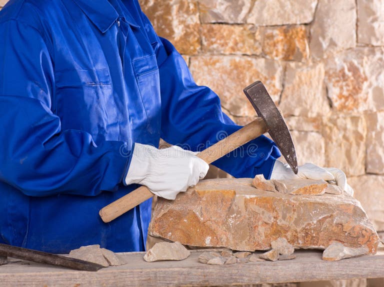 Masonry Mason Stonecutter Man with Hammer Working Stock Photo - Image ...