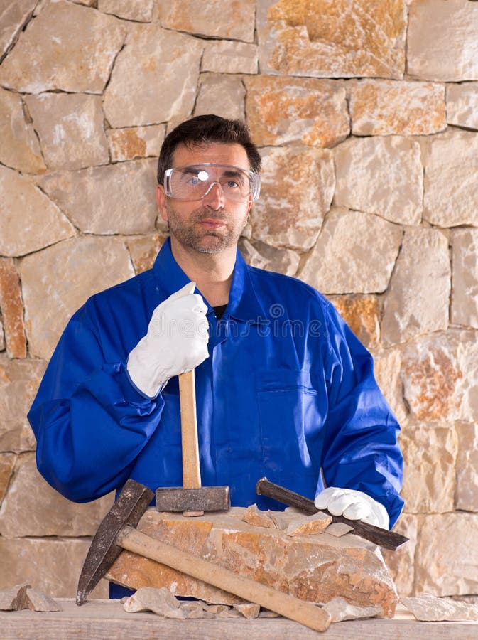 Masonry Mason Stonecutter Man with Hammer Working Stock Photo - Image ...