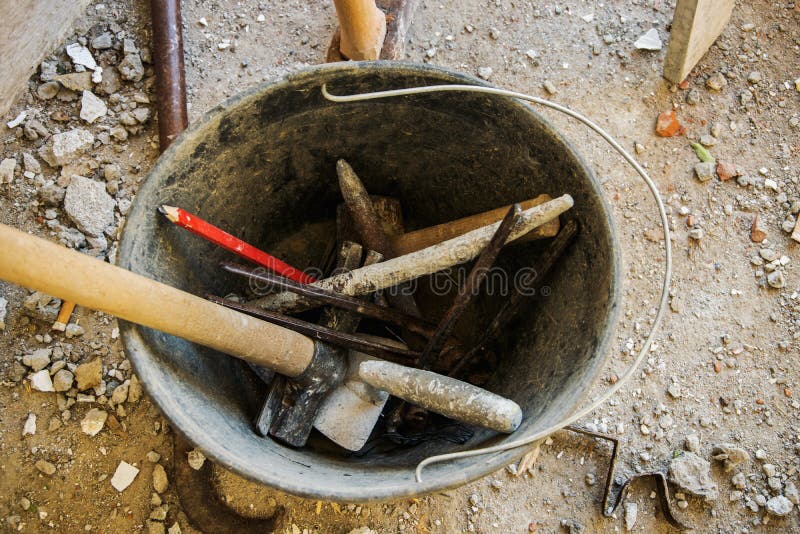 Masonry Tools in the Bucket Stock Image - Image of renovation, bucket ...